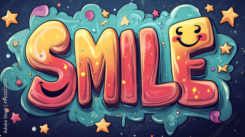Fun, cartoon alphabet letters "SMILE" with silly faces, like you'd see ...