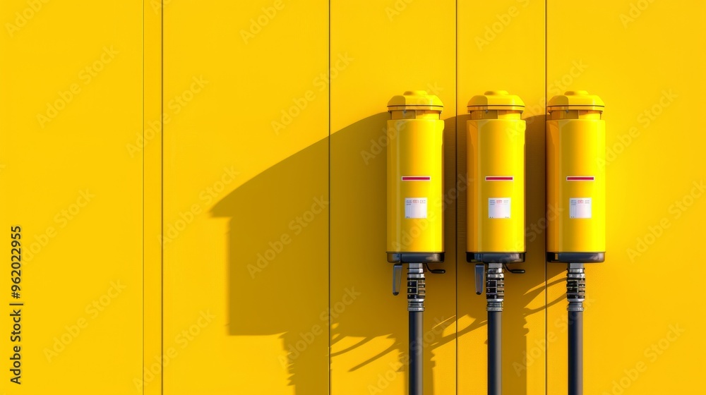 Three yellow industrial electrical boxes are neatly aligned on a ...