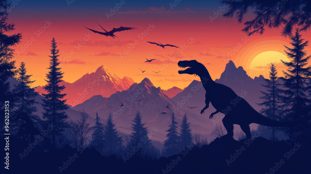 A beautiful sunset over mountains and trees, with dinosaur silhouettes ...