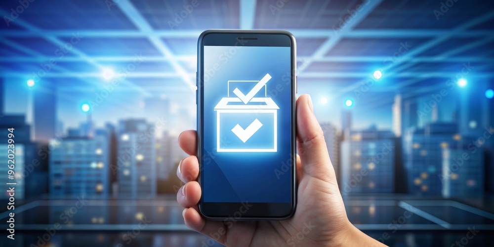 Hand Holding Smartphone with Voting Icon in Cityscape Background ...