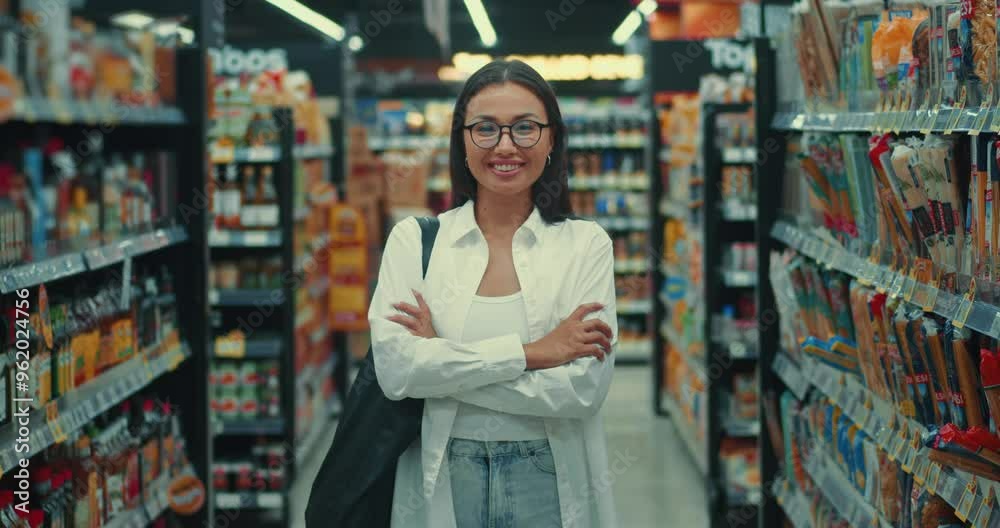 Consumer choices smile amongst supermarket shelves moment of decision ...