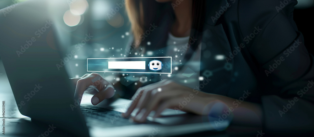 Businesswoman using an AI-driven chatbot search bar, representing the ...