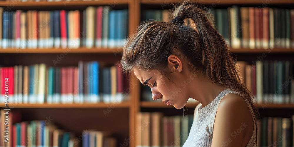 Sad tired girl student on the background of bookshelves and books in ...