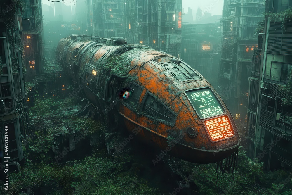 desolate cosmic ruin abandoned alien spacecraft halfburied in neonlit ...