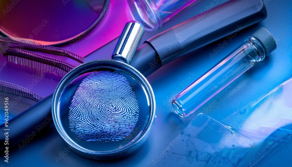 forensic technology highlighting fingerprint analysis through a magnifying glass, detailed ...