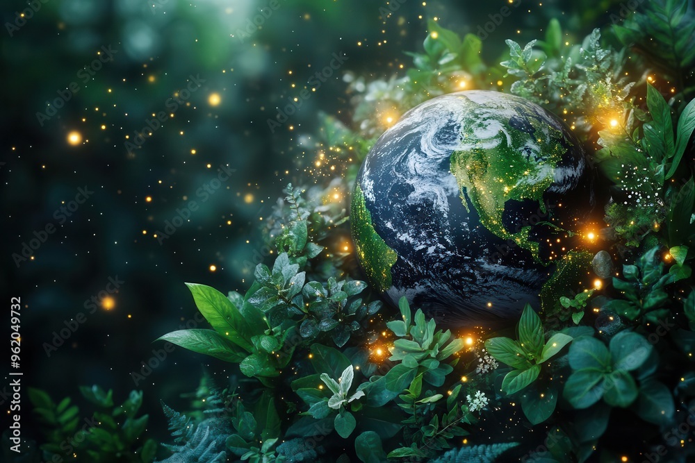ecounity digital illustration lush green earth surrounded by diverse ...