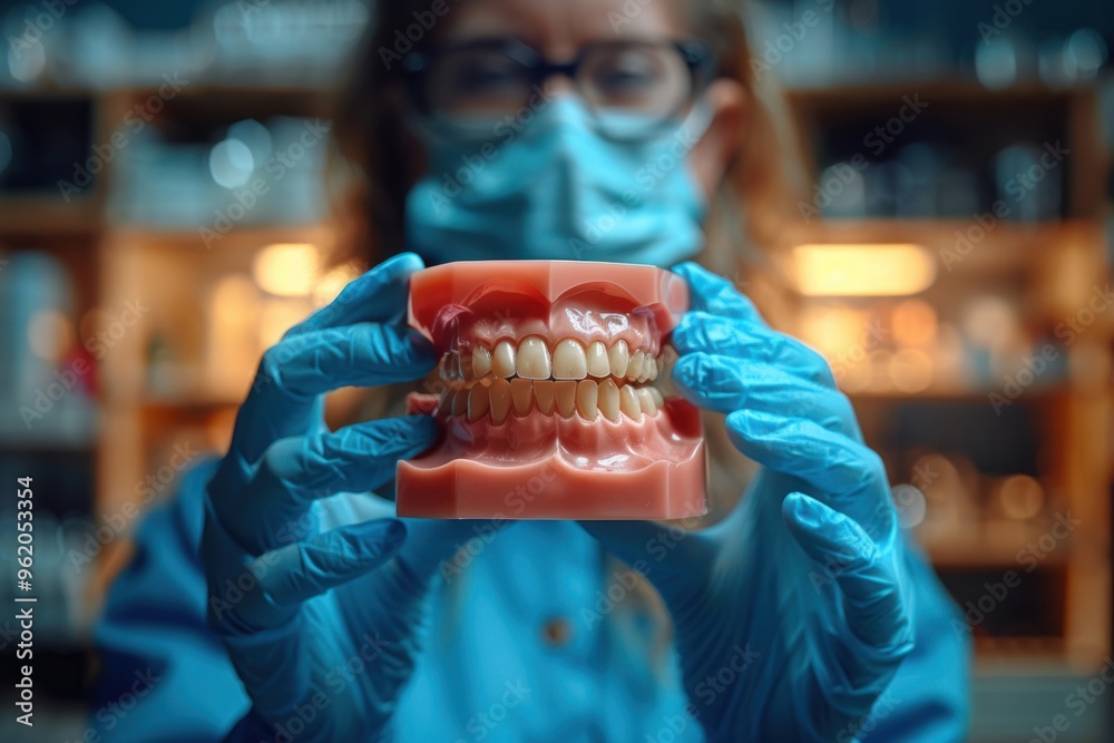 Dental professional demonstrating a detailed dental model in a ...