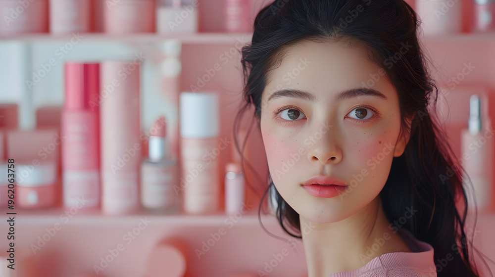Japanese woman with flawless skin wearing natural makeup posing in ...