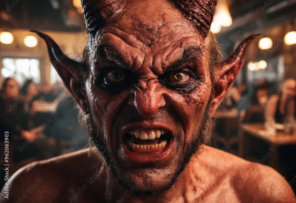 Devilish being, goblin or dwarf, sitting in a bar during the day, sin ...