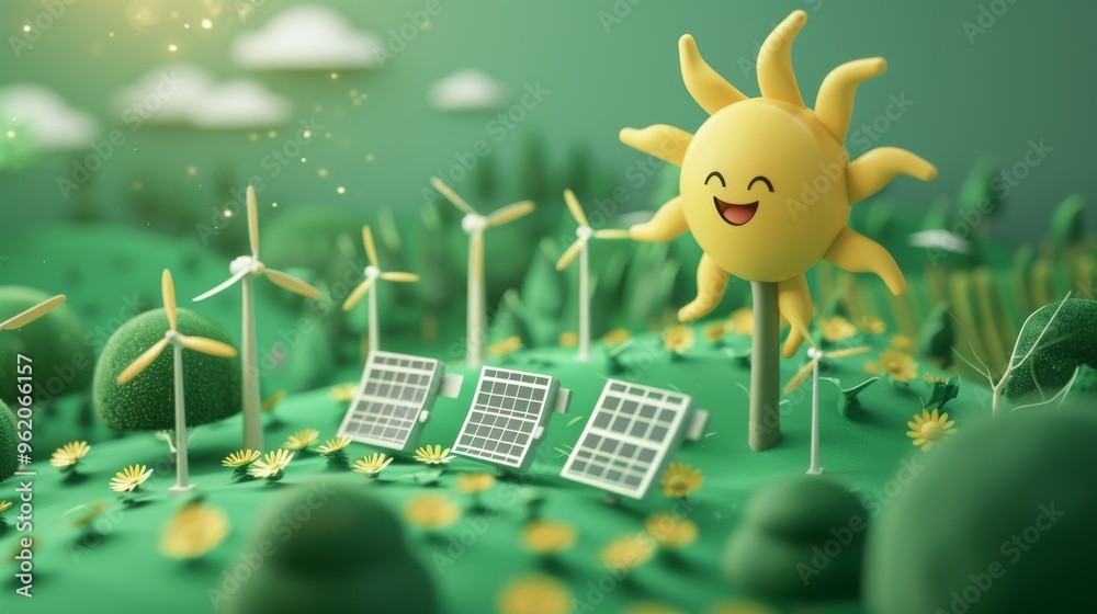 A cheerful sun character beams among solar panels and wind turbines ...