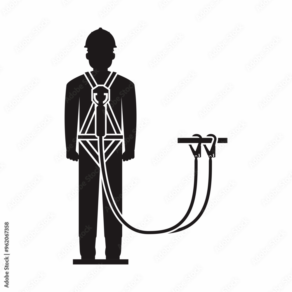 Silhouette of worker wearing full body harness and connected to the ...