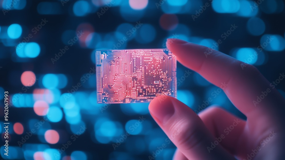 Poster Hands holding a glowing futuristic microchip with a digital ...