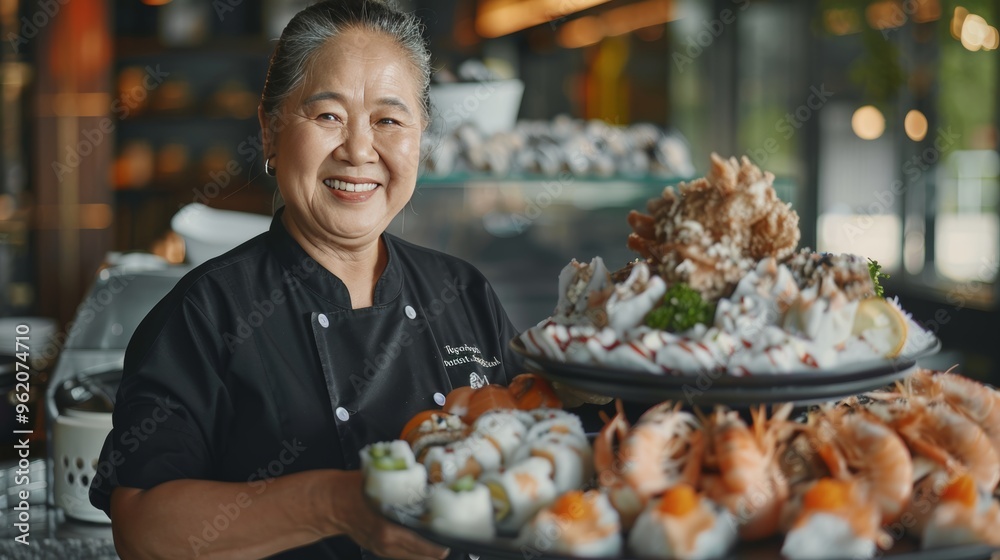 Proud chef showcases gourmet cuisine on serving cart at upscale thai ...