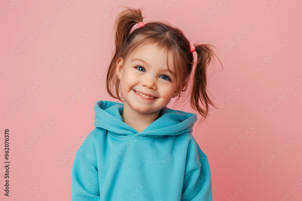 Happy Russian girl child with pigtail braids wearing blue sweatshirt ...