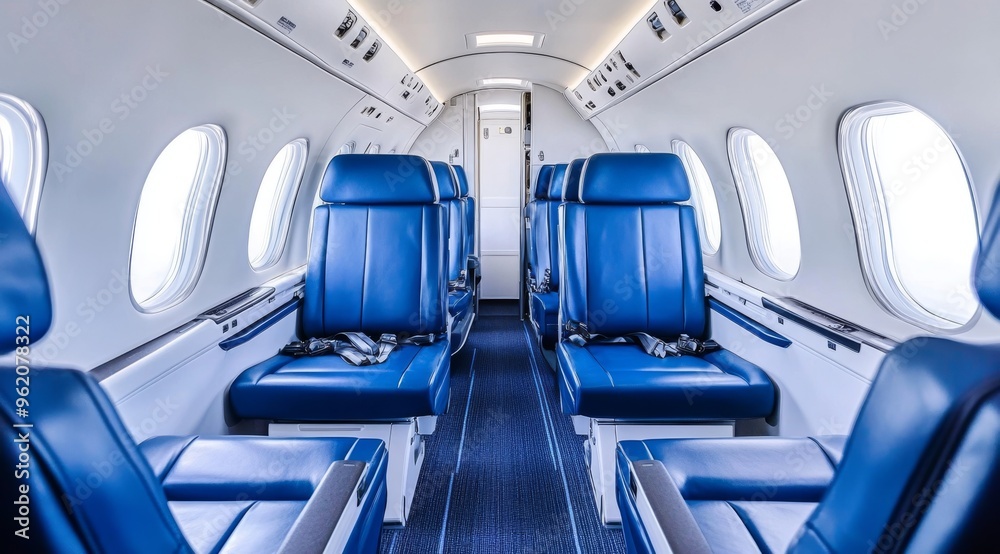 interior of a small aircraft with two blue leather seats and an ...