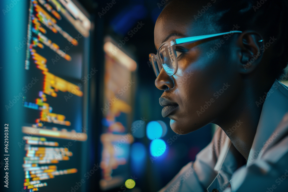 Black female cyber security analyst analysing AI cyberspace threats on ...
