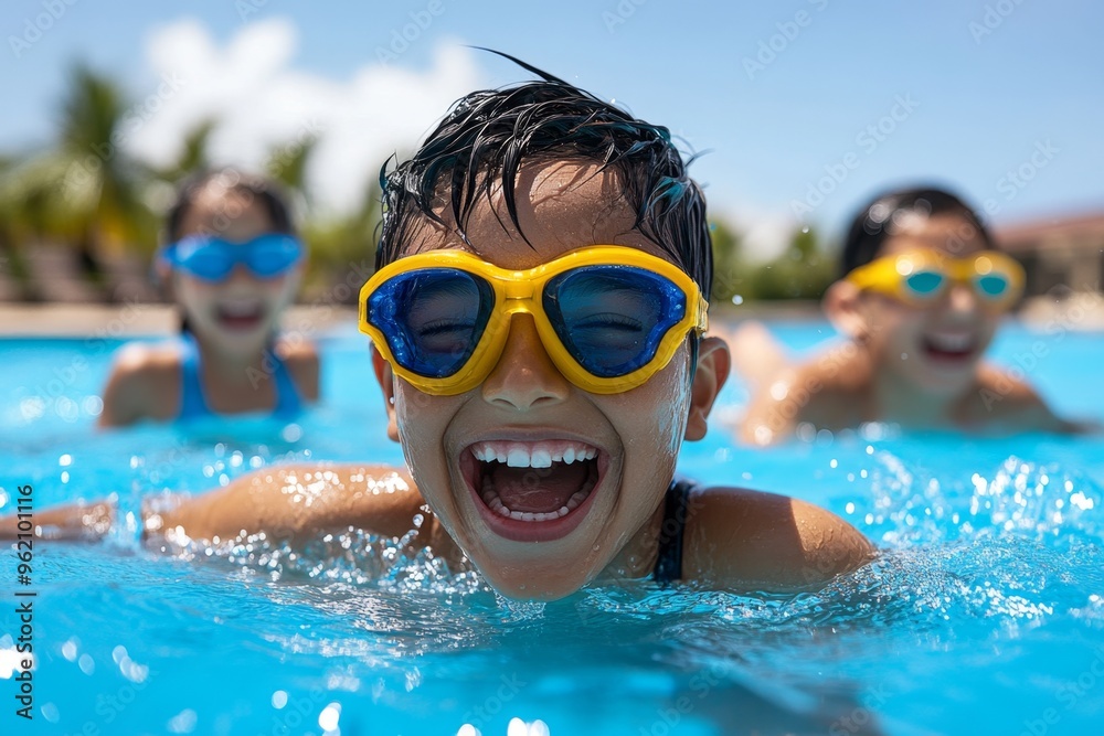 Children in the pool, family swim time, togetherness and fun enjoy the ...