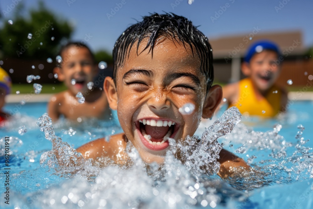Children in the pool, water splashing, playful chaos create a fun mess ...