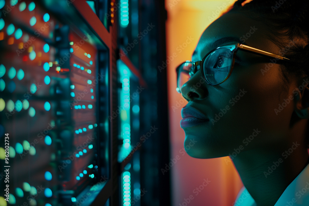 Black female cyber security analyst analysing AI cyberspace threats on ...