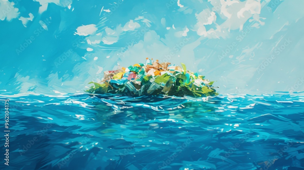 A poignant illustration of an island made of garbage floating in the ...