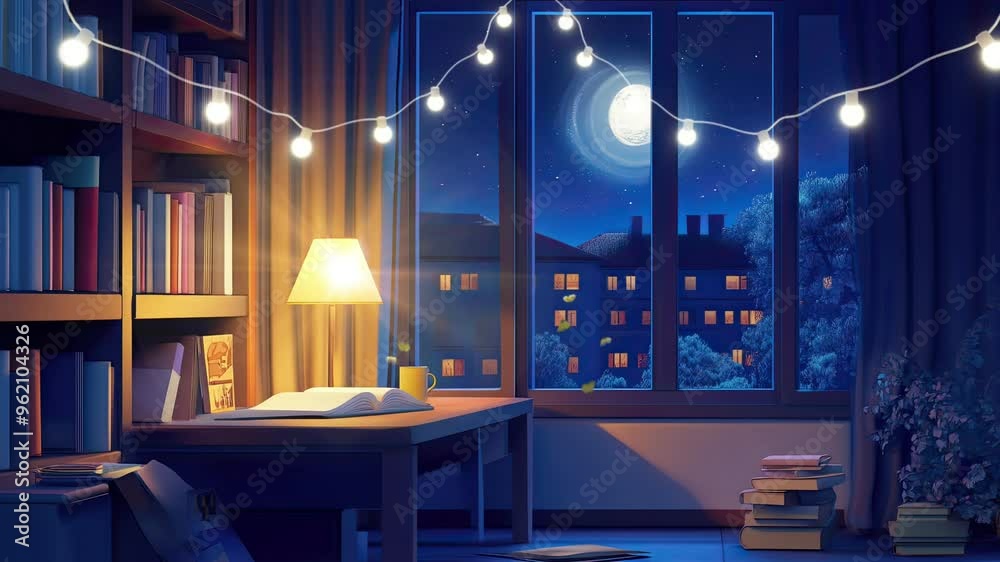cartoon study room with study lamps with books on the table next to the ...