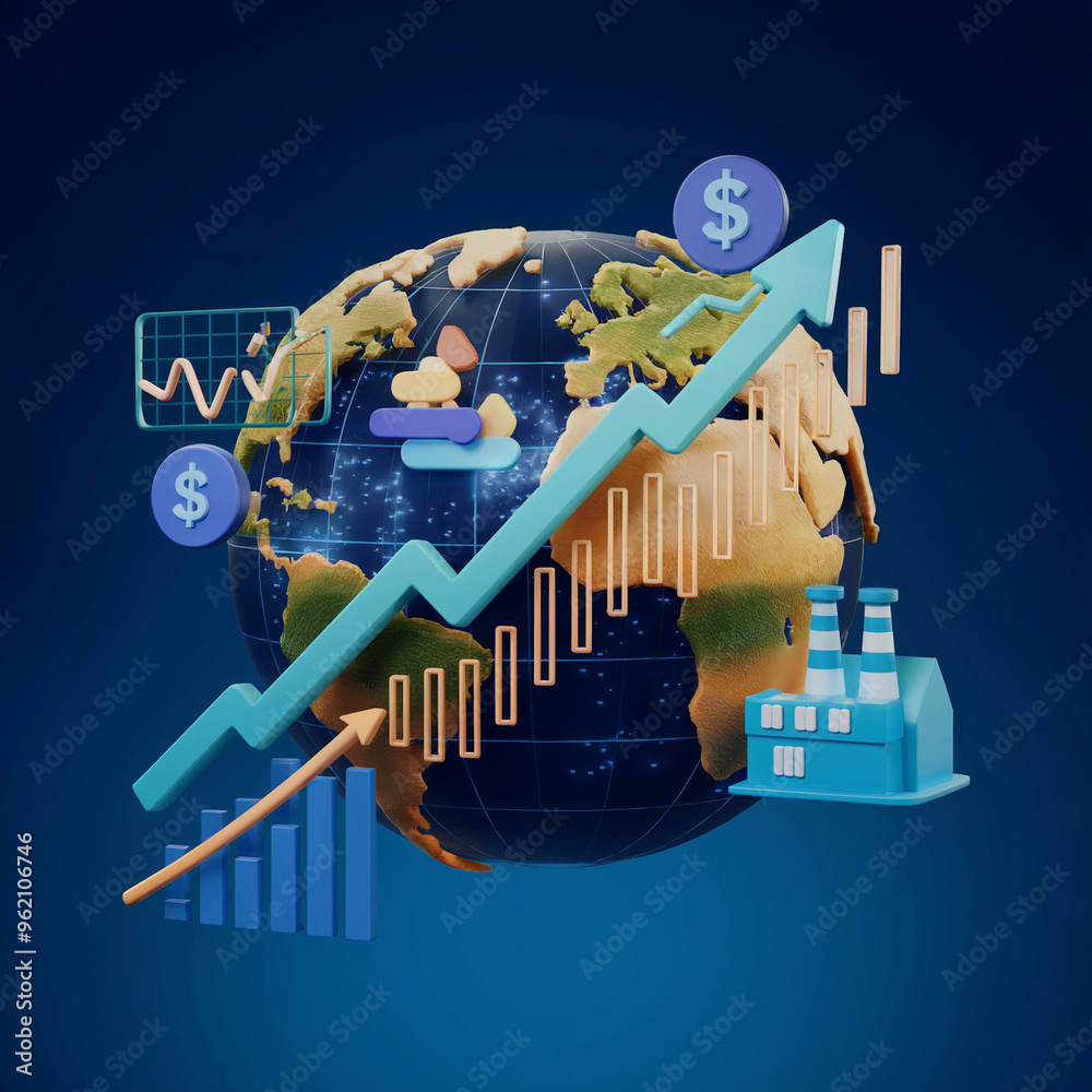 3D render of a globe with a graph of economic growth superimposed over ...