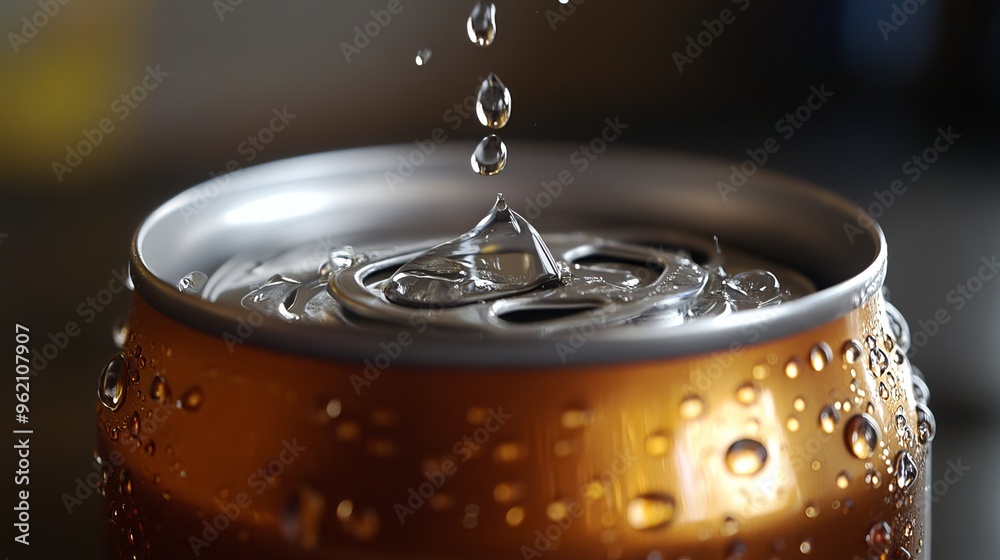 A close-up shot captures the moment a can of beer is opened, freezing ...