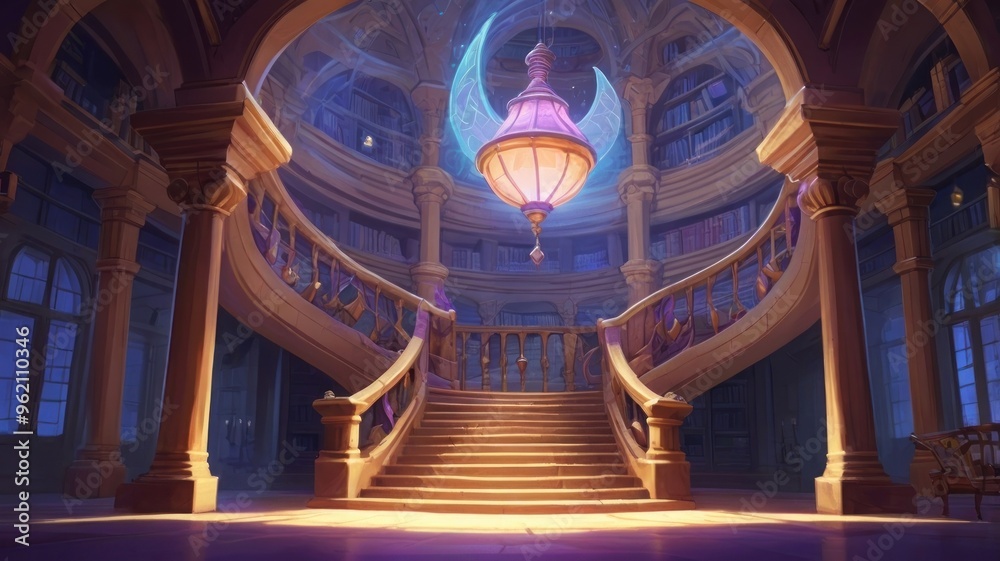 Illustration magic library in fantasy style with spiral staircase Stock ...