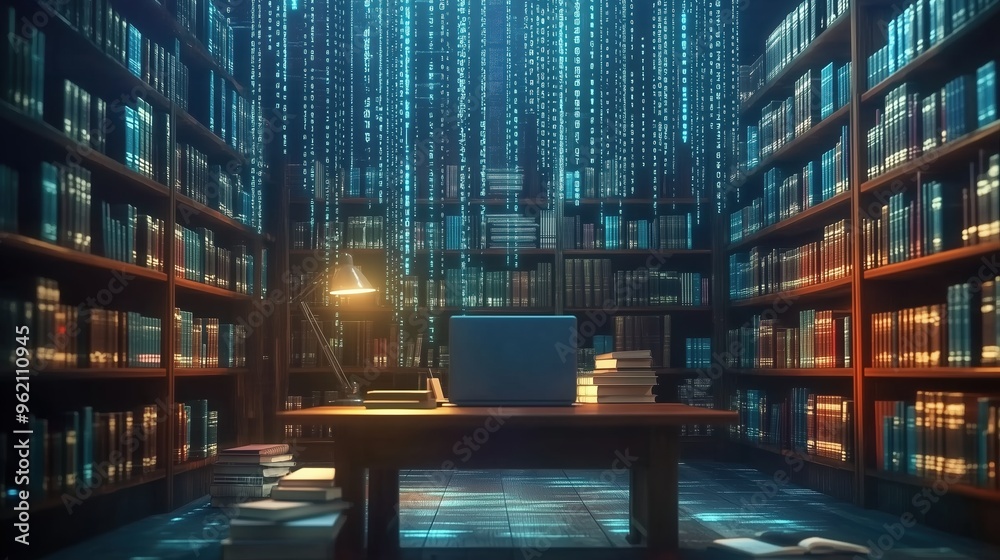 Digital library with books and laptop computer in a futuristic setting, highlighting data ...