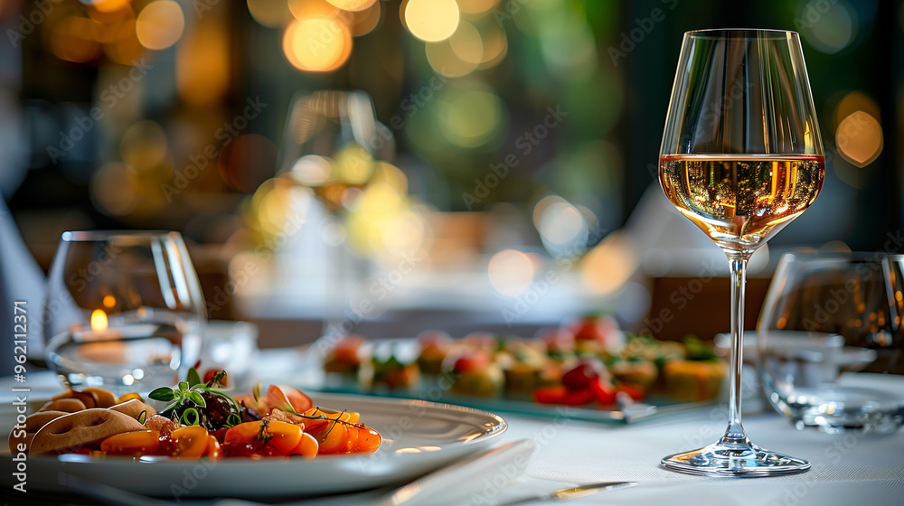 Elegant and select restaurant table Wine Glass and appetizers, on the ...
