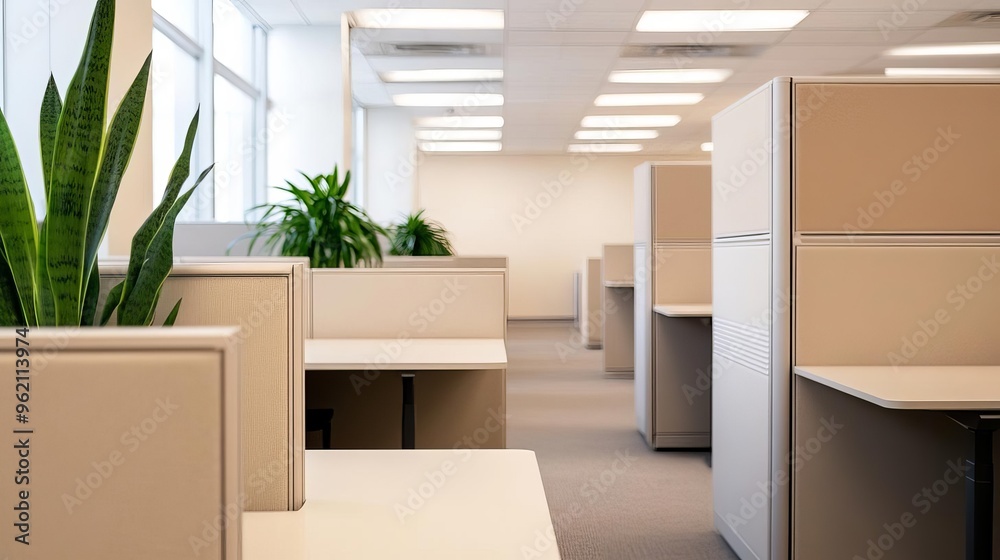 Minimalist office cubicle with clean lines, neutral colors, and ...