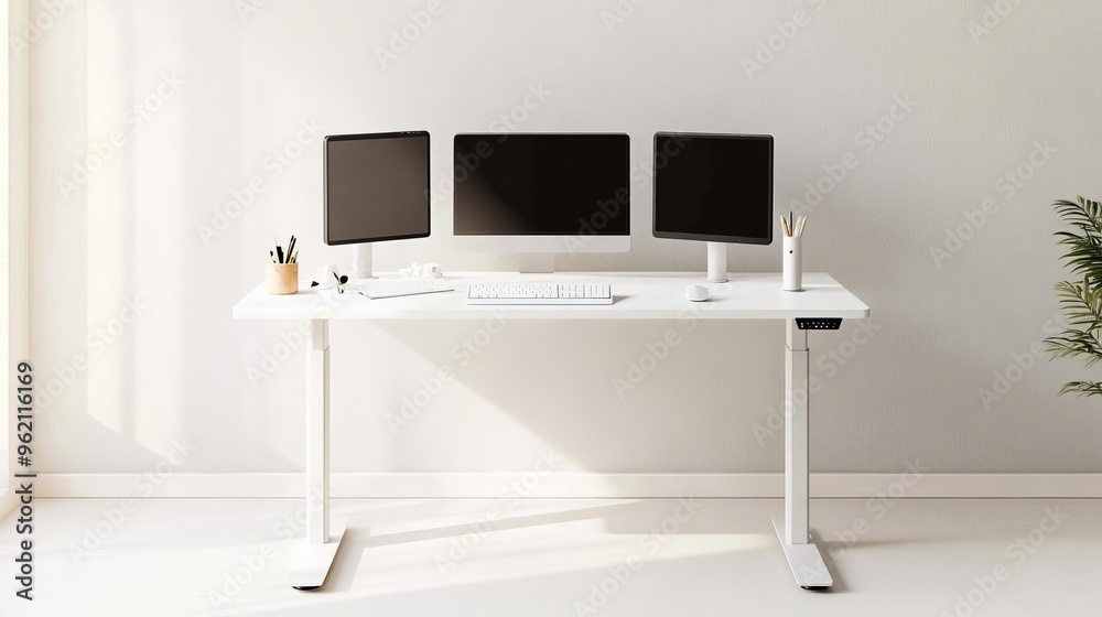Minimalist standing desk setup with dual monitors, a clean surface, and ...