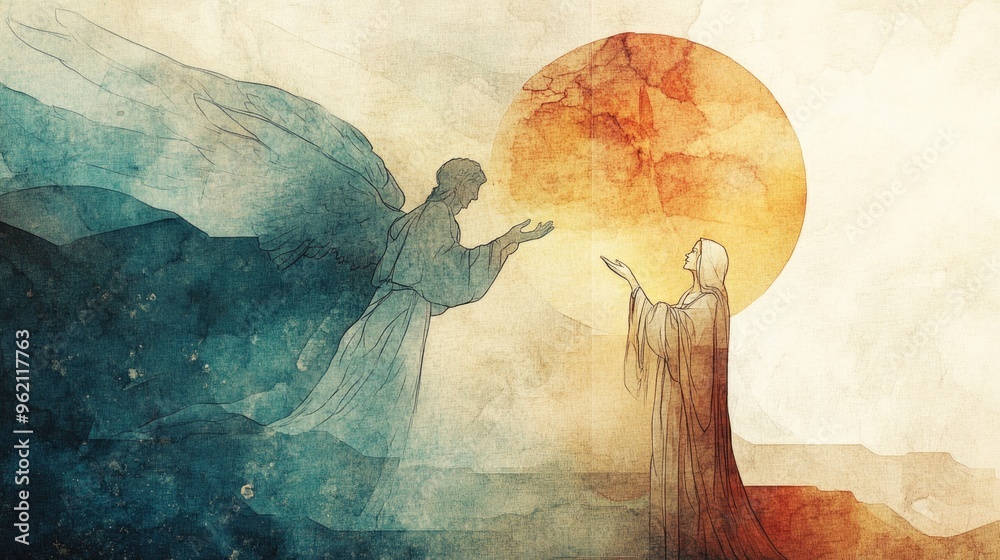 Annunciation. Angel Gabriel announcing to Mary that she will conceive ...