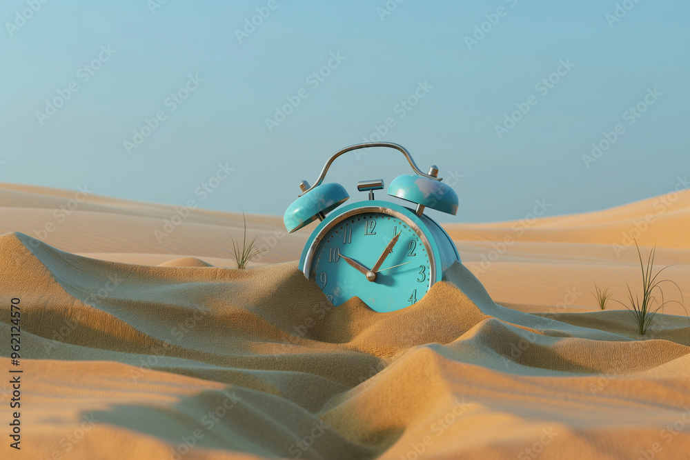 Alarm clock half buried in sand, clock is drowning in the desert sands ...