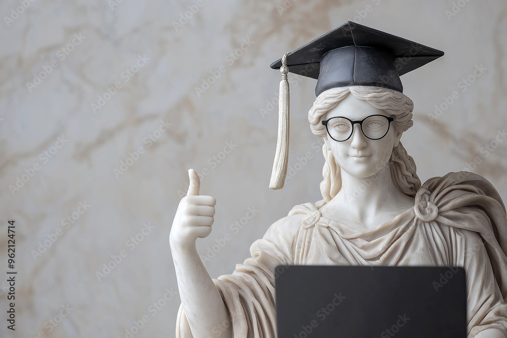 Classic sculpture thumbs up studying at the laptop. Greek god statue ...