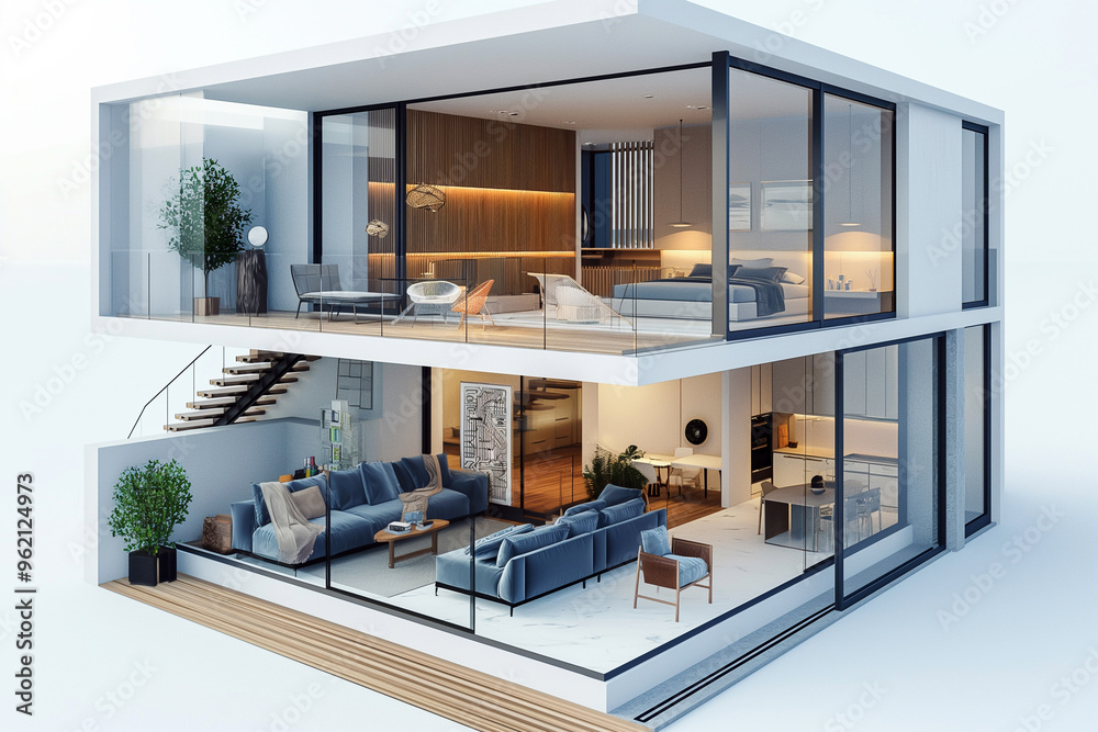 3D isometric plan of the apartment. A 3D plan of the interior of a furnished home. Schematic ...
