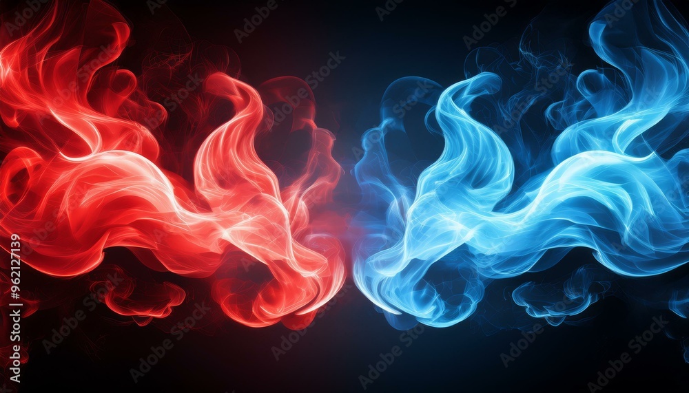 Luminous clash vibrant blue vs red smoke effect on black vector ...