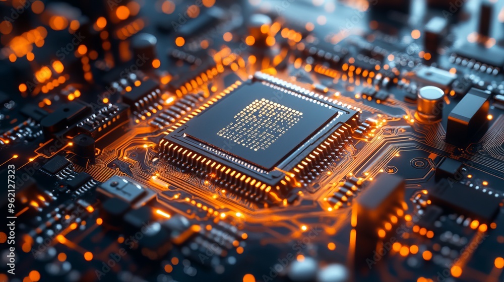 Close-up macro image of a printed circuit board with a computer ...