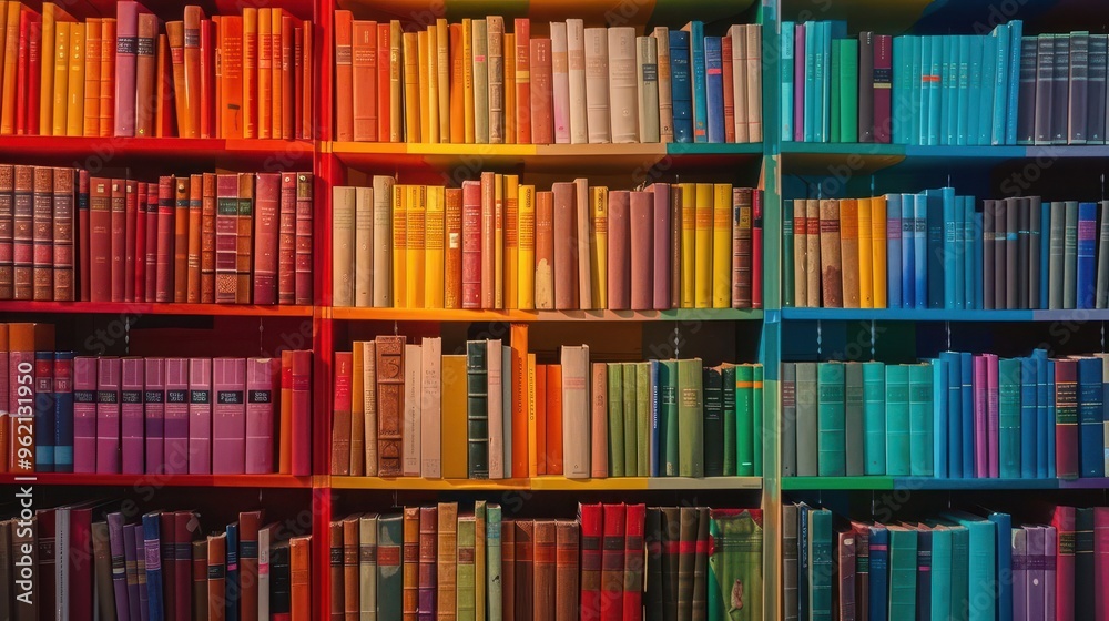 vibrant floortoceiling bookshelf filled with multicolored books rainbow ...