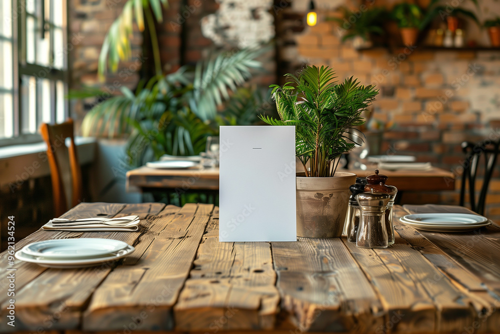 blank menu sheet in the center of background rustic wooden restaurant ...