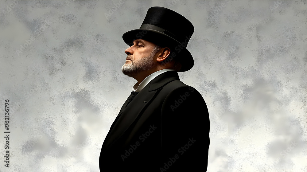 Elegant Man in a Top Hat Looks Upward, Portrait Against a Gray ...