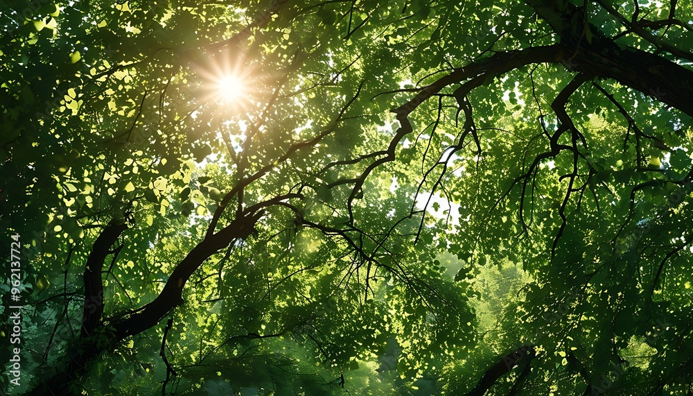 The dense green canopy forms a natural canopy under the sun. The sun ...