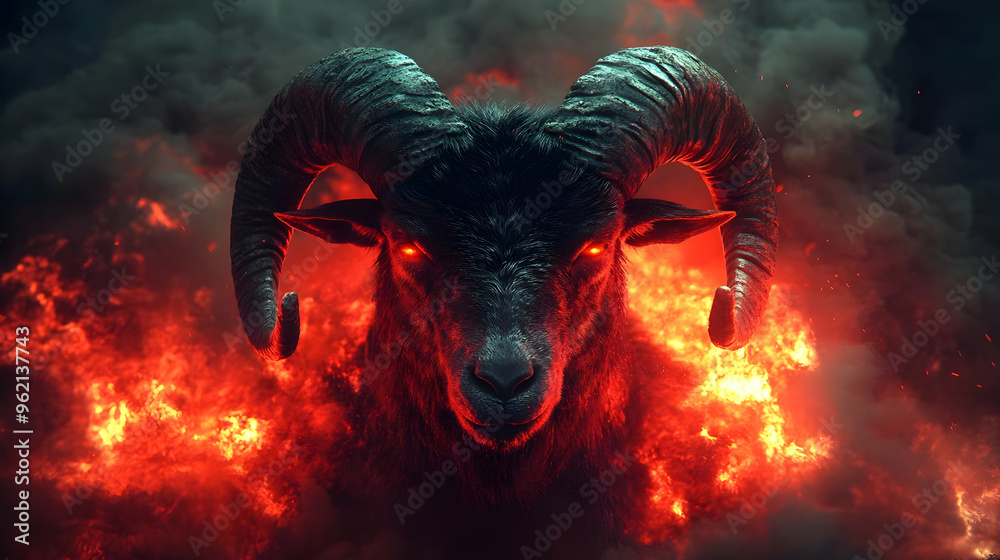 Black Ram with Red Eyes Surrounded by Fire and Smoke - Demonic Animal ...