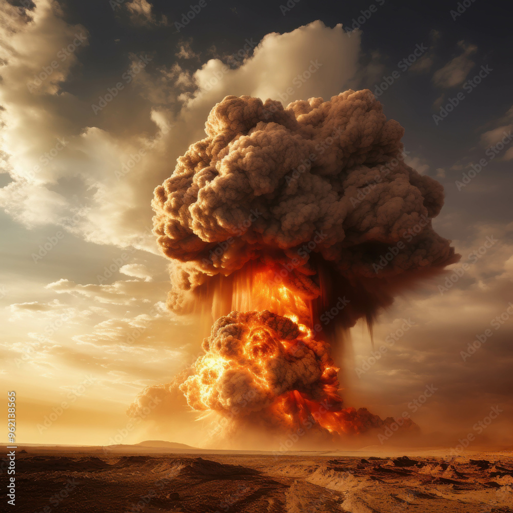 Nuclear Apocalypse: A fiery mushroom cloud engulfs the horizon, casting ...