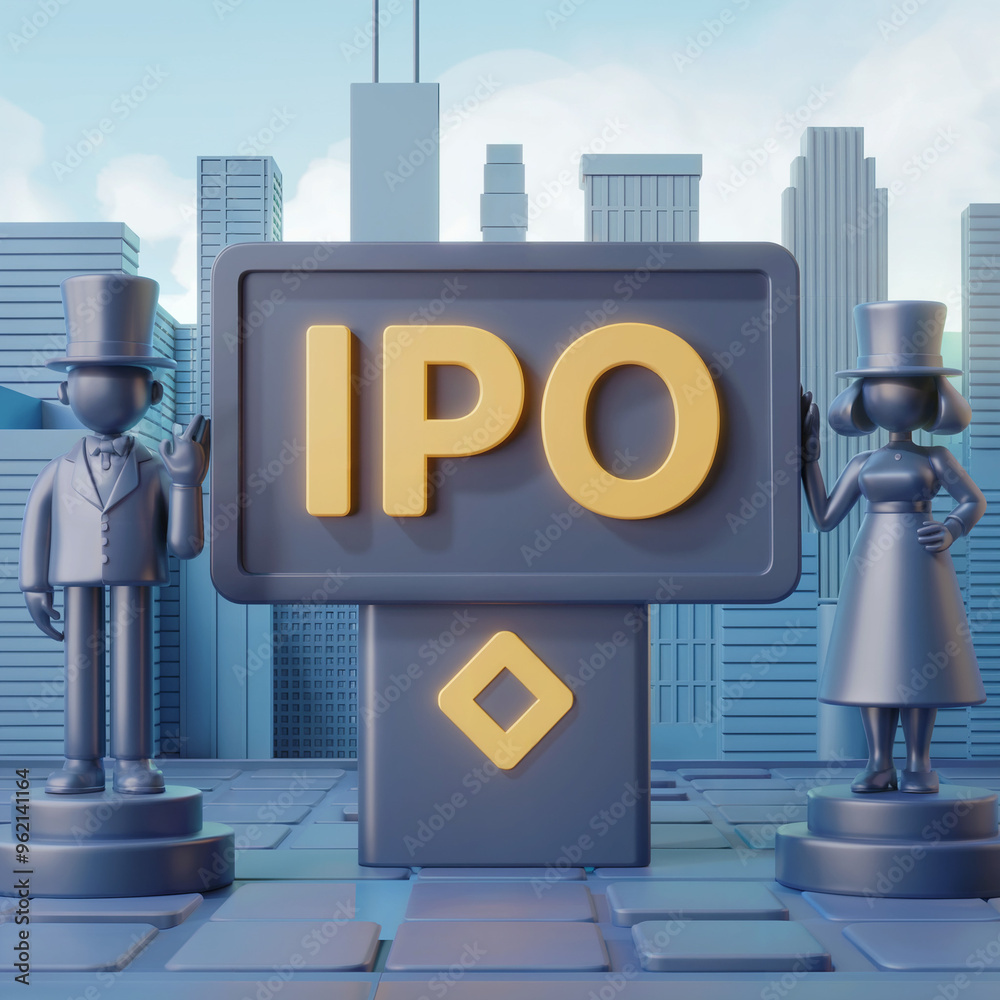 3D render of a stock market with a large screen displaying the acronym ...