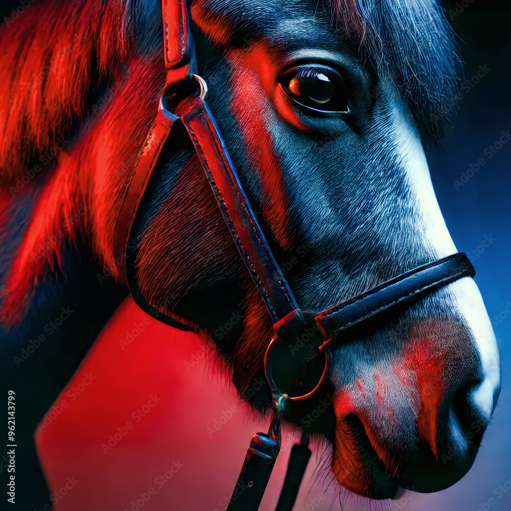 Close-up of a horse's face in dramatic red and blue lighting ...