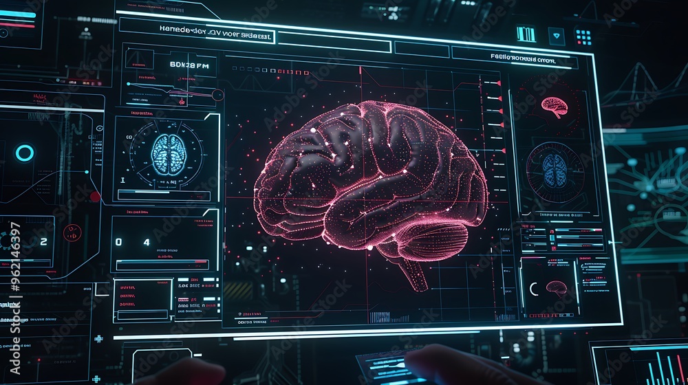 Digital brain representation, illuminated with connections and data ...