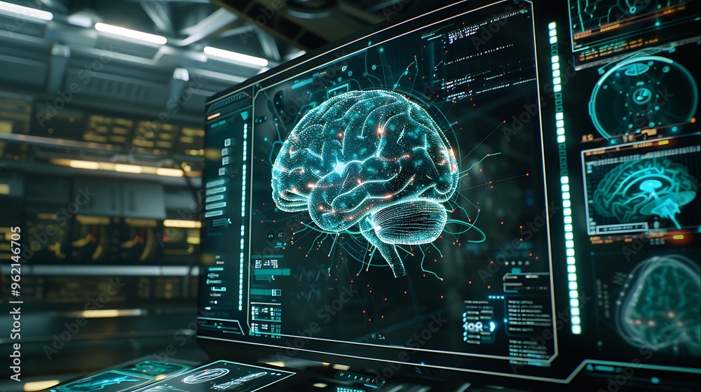 Digital brain representation, illuminated with connections and data ...