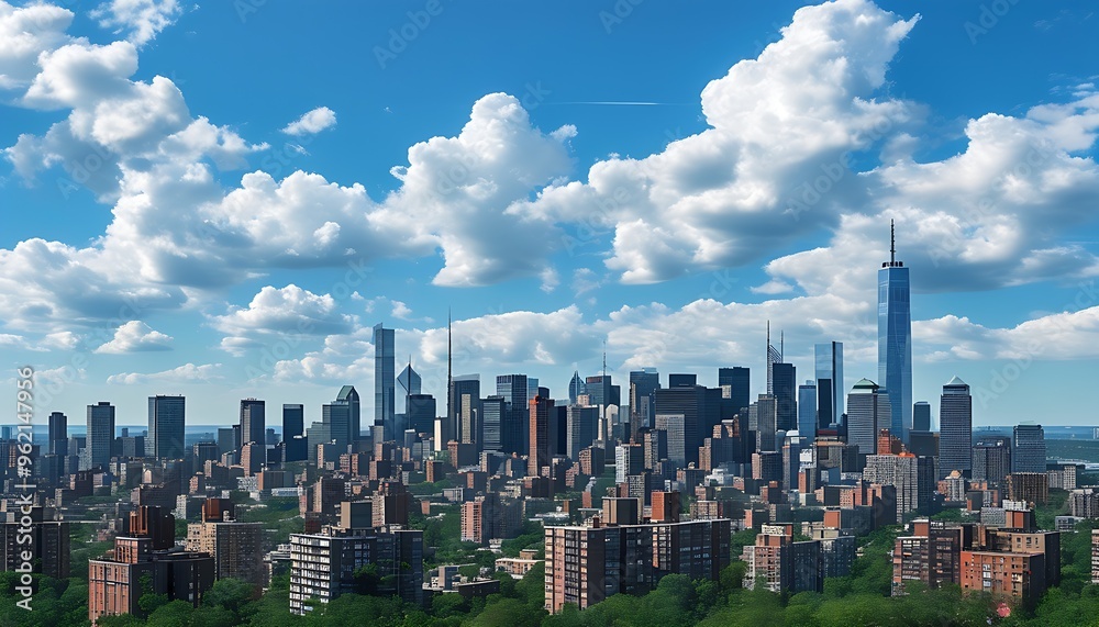 The broad city skyline, tall buildings in the distance, white clouds ...