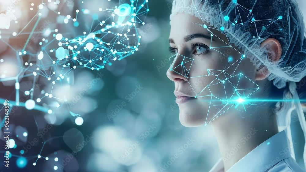 Female scientist is gazing into the distance with a digital network ...